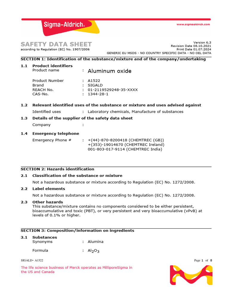 Aluminium Oxide, 08 Okt 21 | PDF | Dangerous Goods | Toxicity