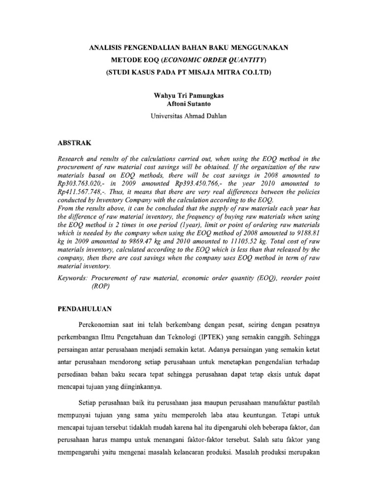Analisis Pengendalian Bahan Baku Menggunakan Metode Eoq (Economic Order Quantity) Pada PT Misaja ...