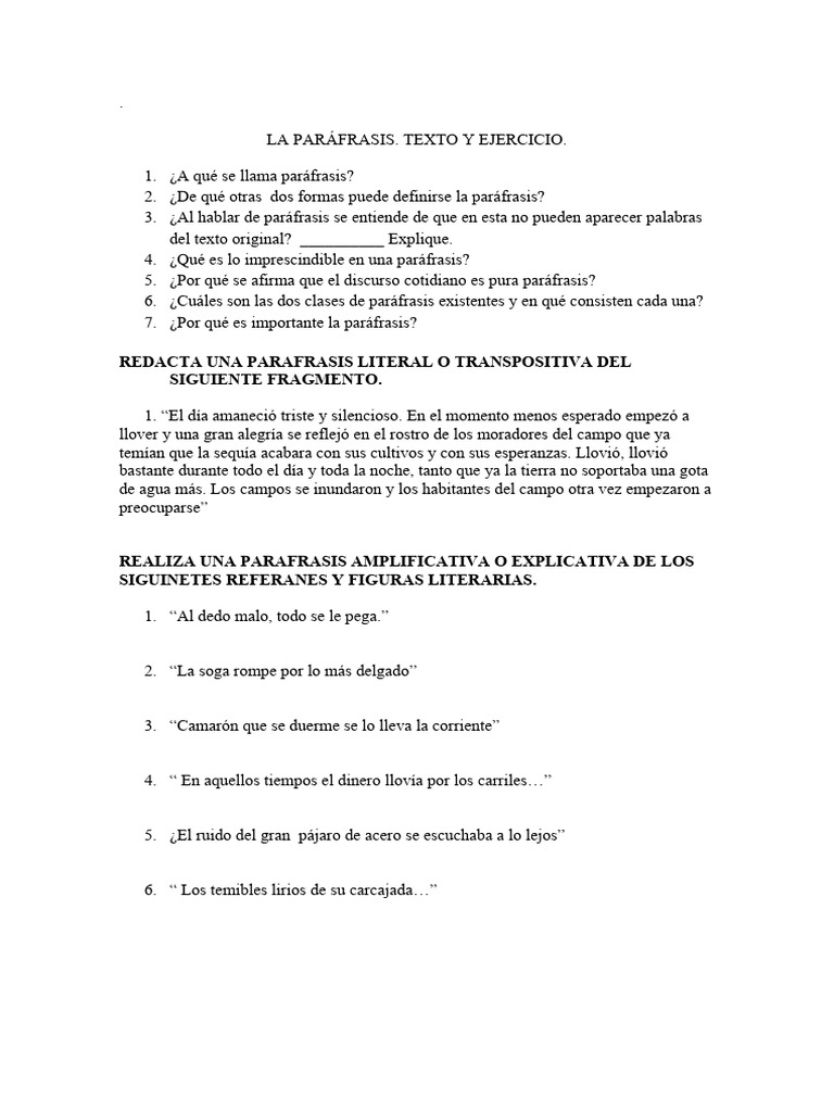Parafrasis Leng. Esp. 1 Texto y Ejerc. | PDF