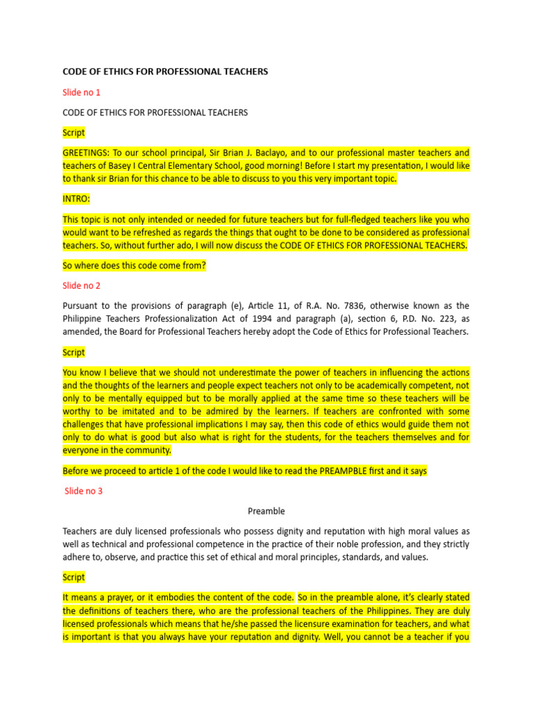 Code of Ethics For Professional Teachers Explained | PDF | Dignity ...