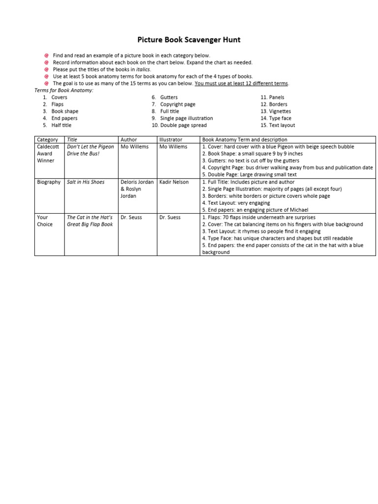 Picture Book Scavenger Hunt Chart.3choices | PDF | Picture Book | Books