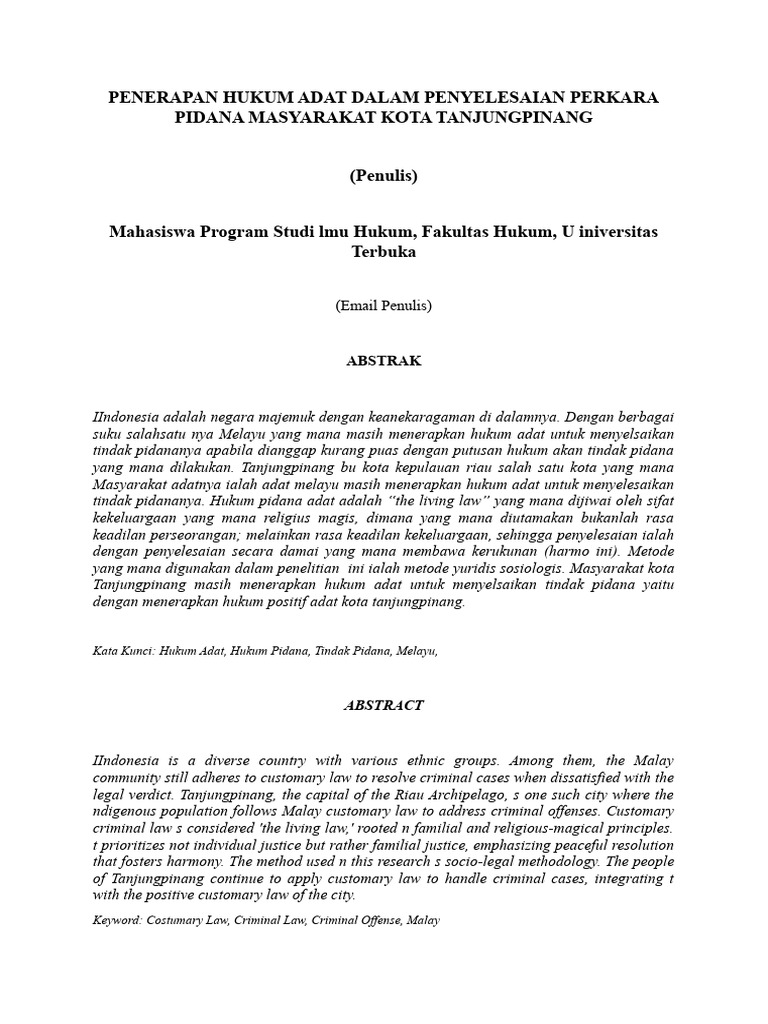 Penerapan Hukum Adat Dalam Penyelesaian Perkara Pidana Masyarakat Kota Tanjungpinang | PDF