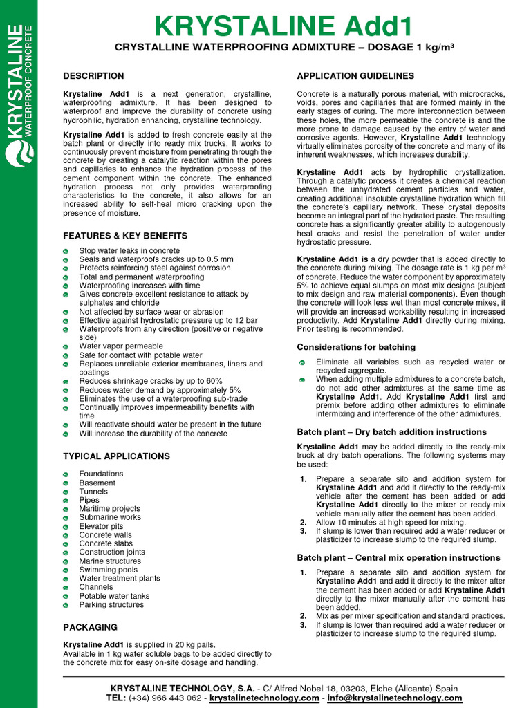 2 - Krystaline Add1 Data Sheet | PDF | Concrete | Porosity