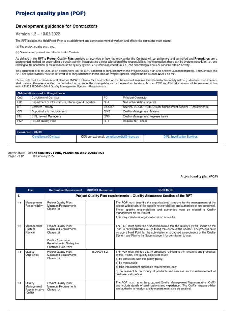 Project Quality Plan Guidance PQP | PDF | Iso 9000 | Audit