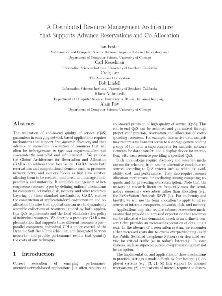 A Distributed Resource Management Architecture That Supports Advance Reservations and Co ...