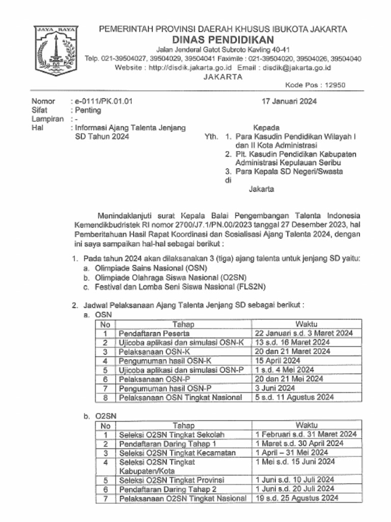 E-0111 Informasi Ajang Talenta Jenjang SD Tahun 2024 Stempel | PDF