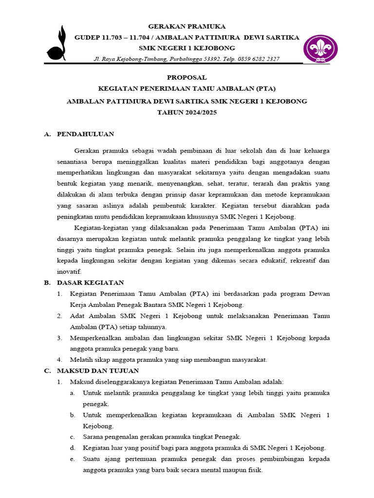Proposal Kegiatan PTA Pramuka SMK Kejobong | PDF