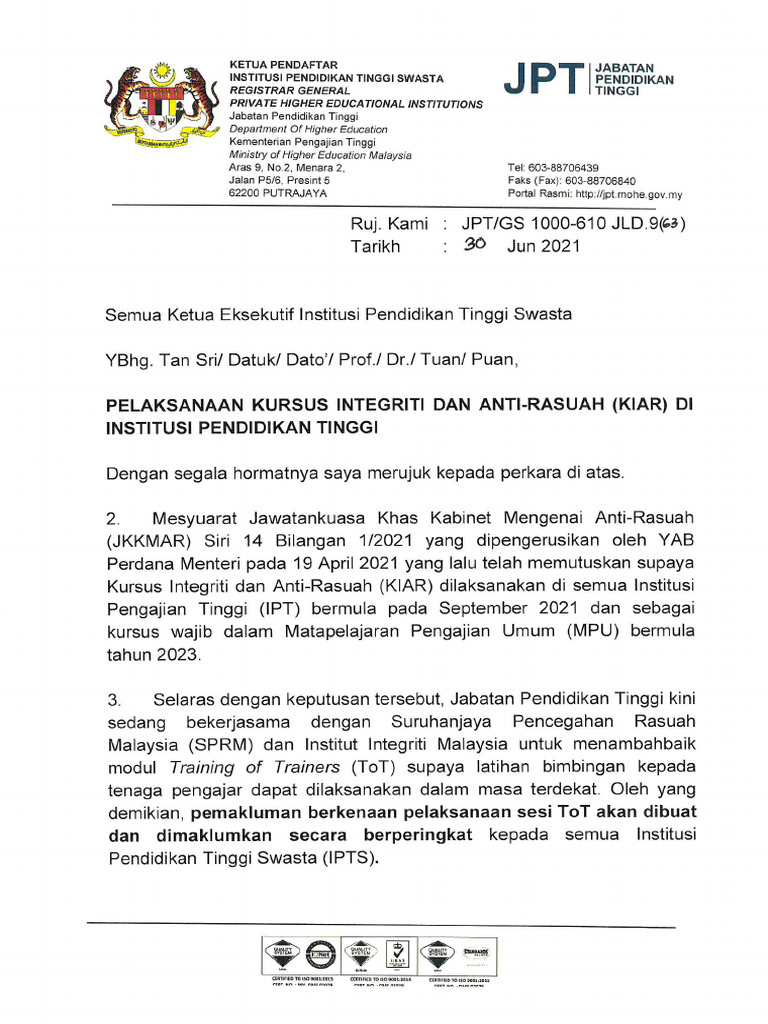 Surat Pelaksanaan Kiar Di Ipt | PDF