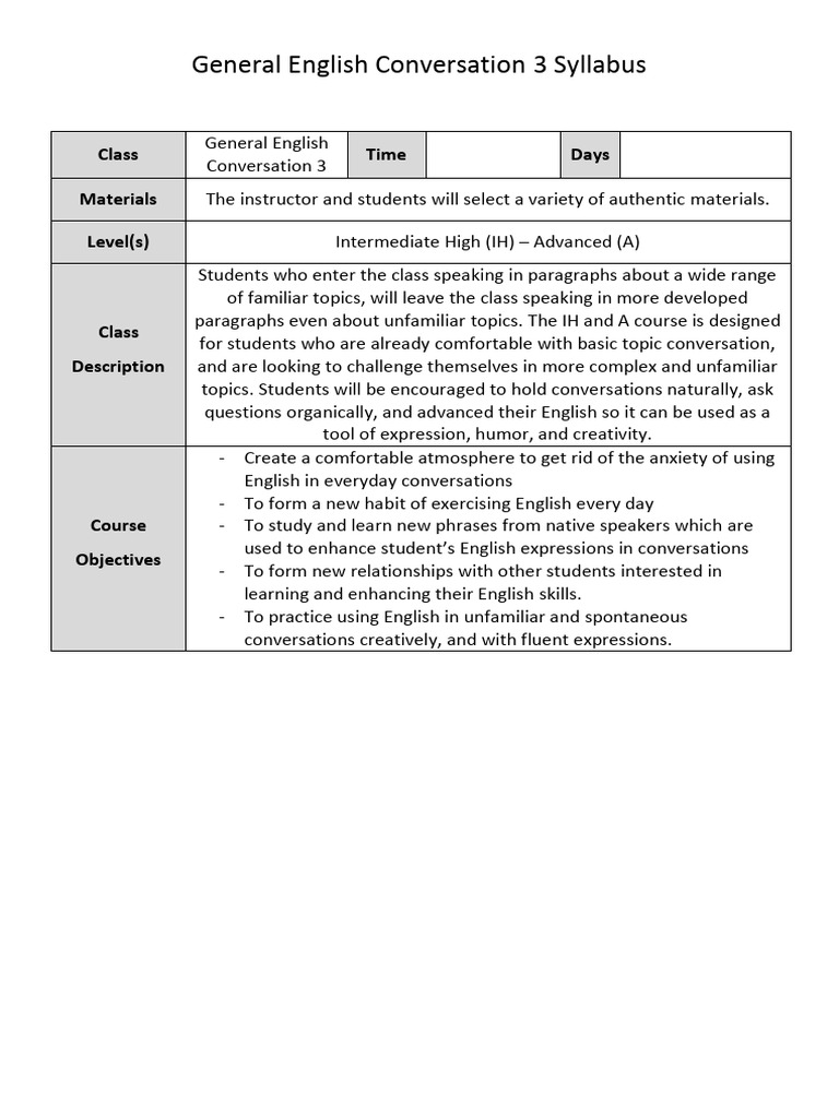 General English Conversation 3 Syllabus | PDF | Language Arts & Discipline