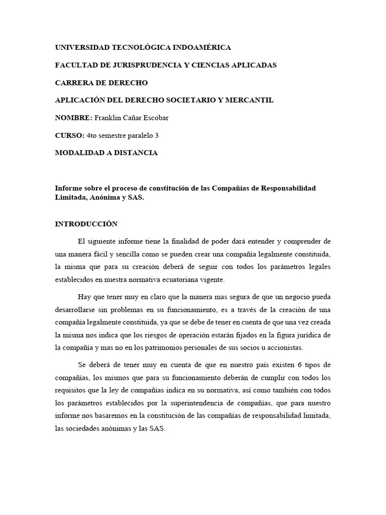 Tarea 2 - Franklin Cañar Escobar - Derecho Societario | PDF | Sociedad ...