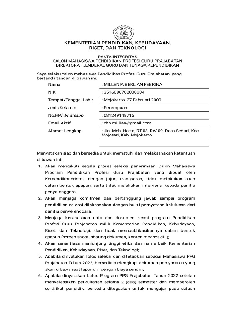 Pakta Integritas Calon Mahasiswa PPG | PDF