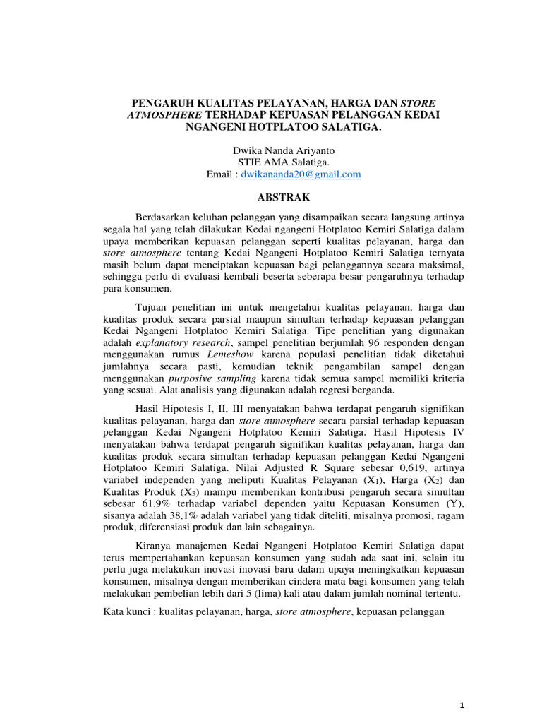 Jurnal Pengaruh Kualitas Pelayanan, Harga Dan Store Atmosphere Dwika Nanda Ariyanto 2018112076 ...