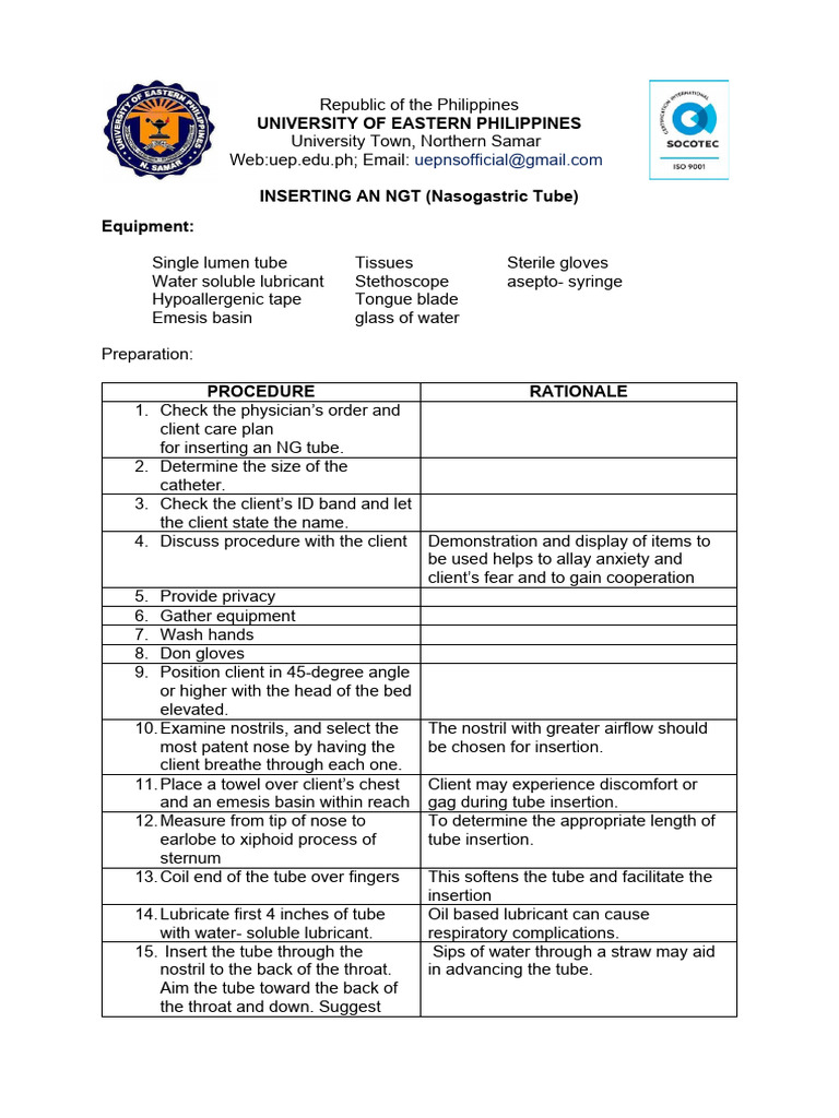 Nasogastric Tube Insertion and Removal Guide | PDF | Clinical Medicine