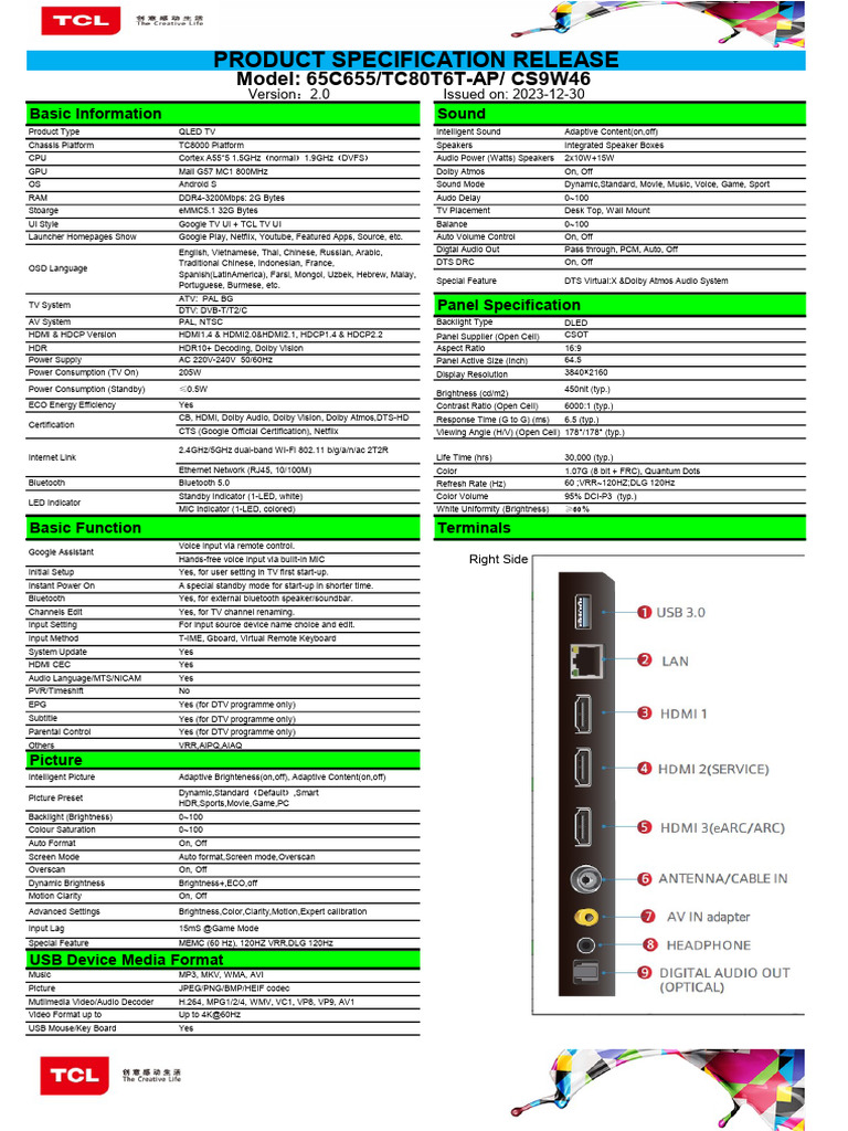 QLED TV 65C655/TC80T6T-AP Specs | PDF | Hdmi | Google Play