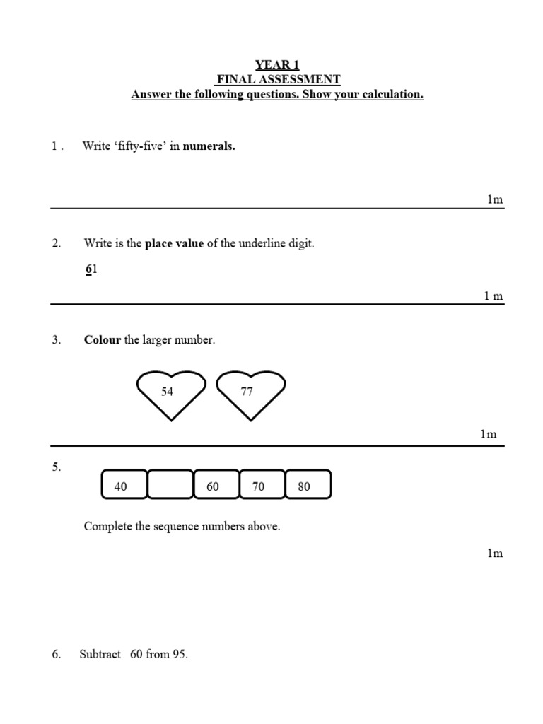 YEAR 1 Final Assessment Maths | PDF | Mathematics | Arithmetic