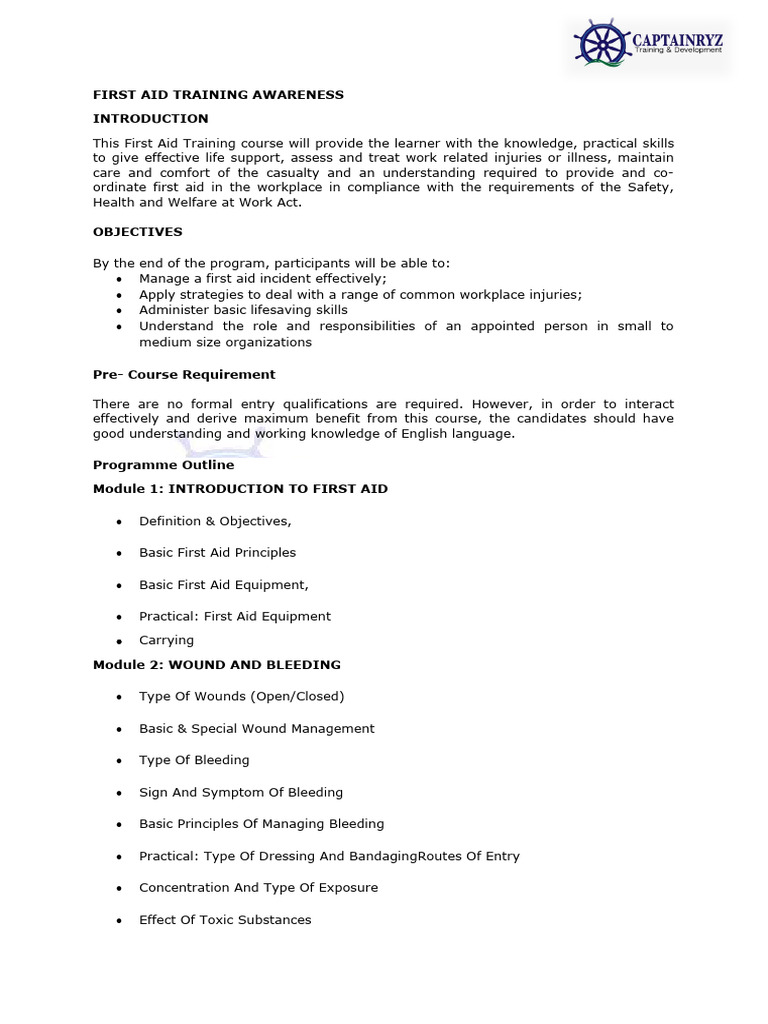 Course Profile - FIRST AID TRAINING AWARENESS 1 Day | PDF | First Aid ...