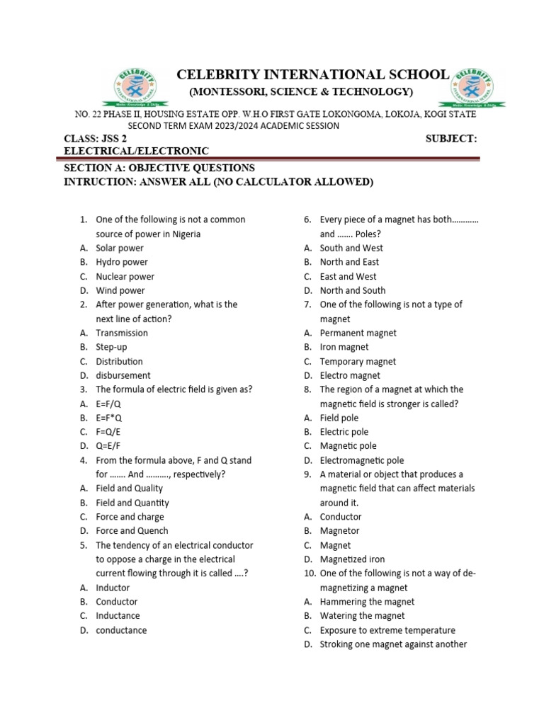 Jss2 Ee Second Term Exam 24 | PDF | Transformer | Inductor