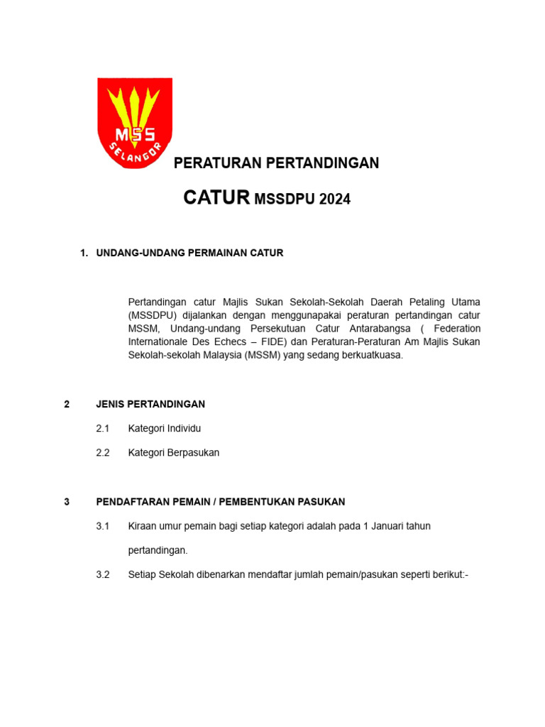 Peraturan Pertandingan Catur MSSD 2024 | PDF