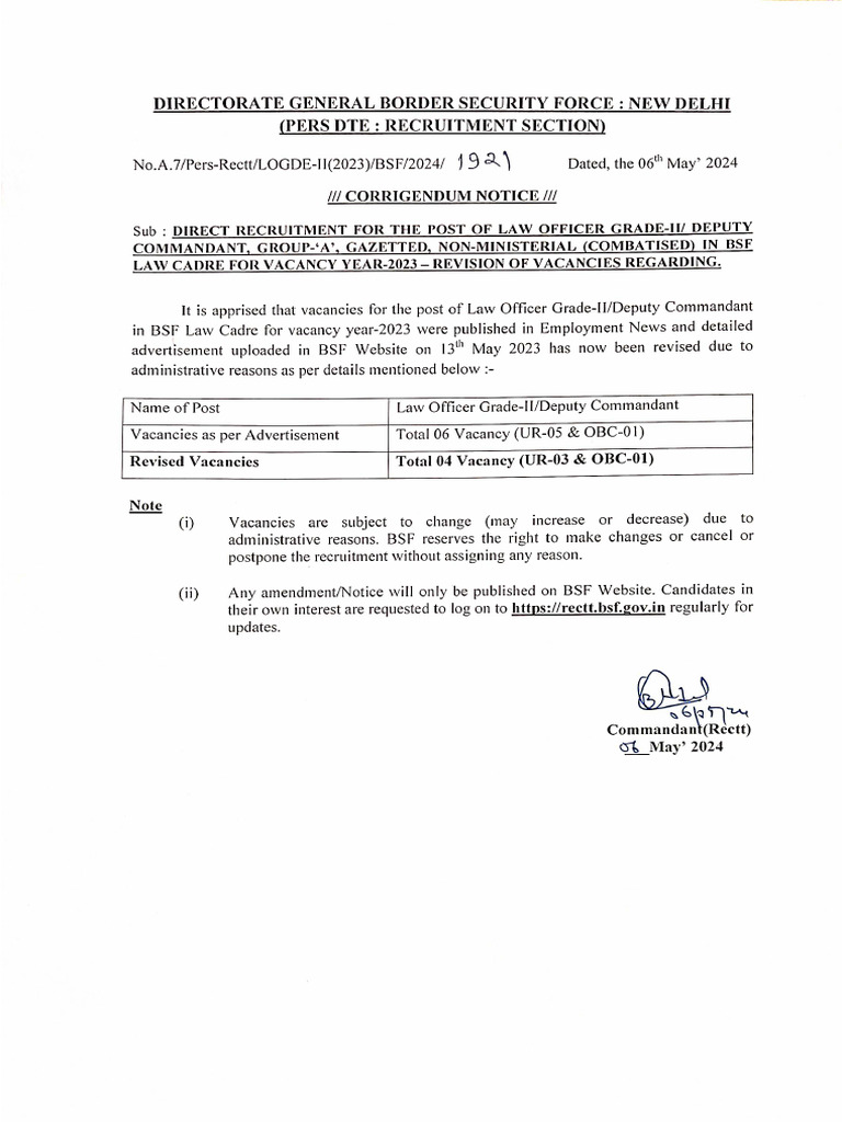 Lo Gde-II in BSF 2023 - Corrigendum Notice | PDF
