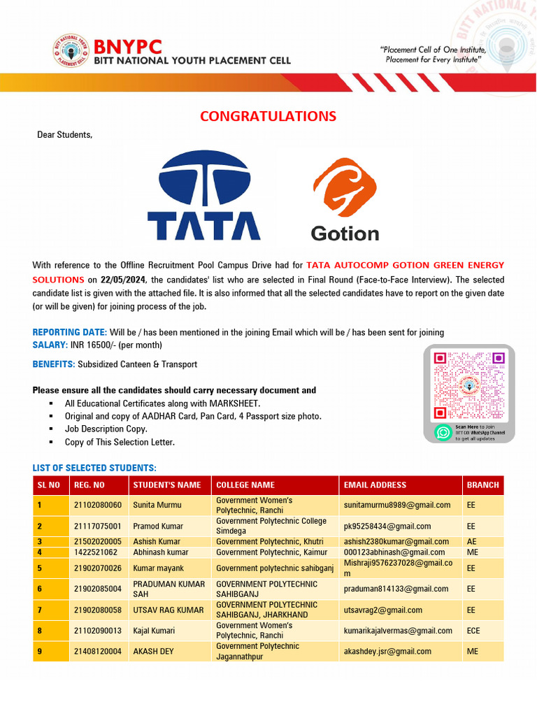 BNYPC Selected-Student TATA-GOTION 052224 | PDF