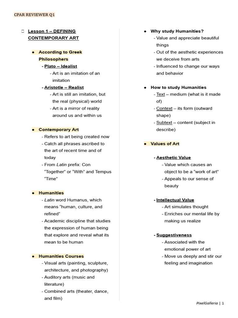Grade 12 CPAR Reviewer Q1 | PDF | Pottery | Printmaking