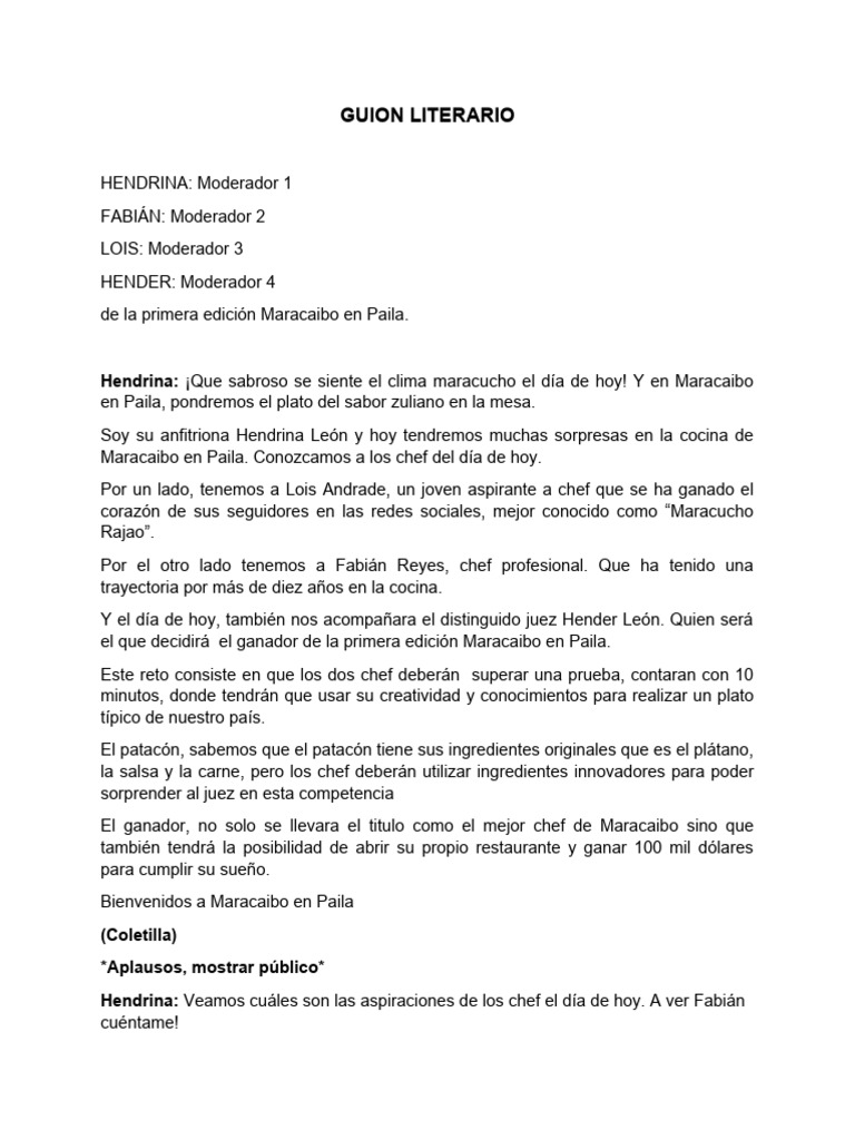 GUION LITERARIO Actualizado 2 | PDF | Preparación de comida y bebida | Cocinando