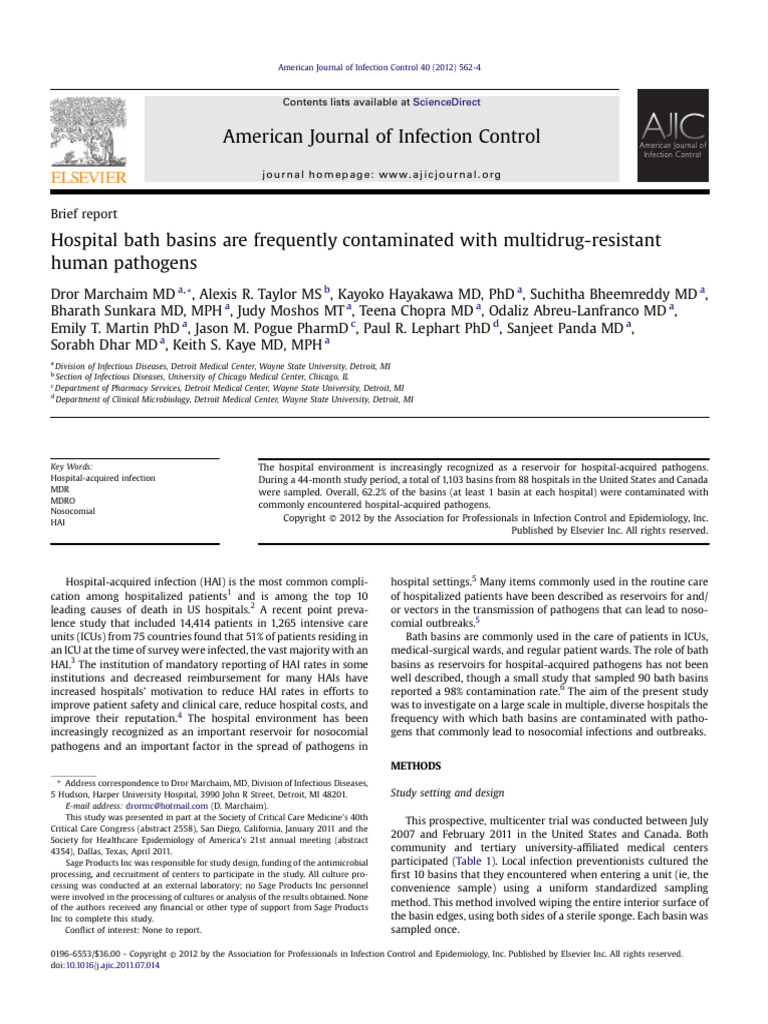 Hospital Bath Basins Are Frequently Contaminated With Multidrug ...