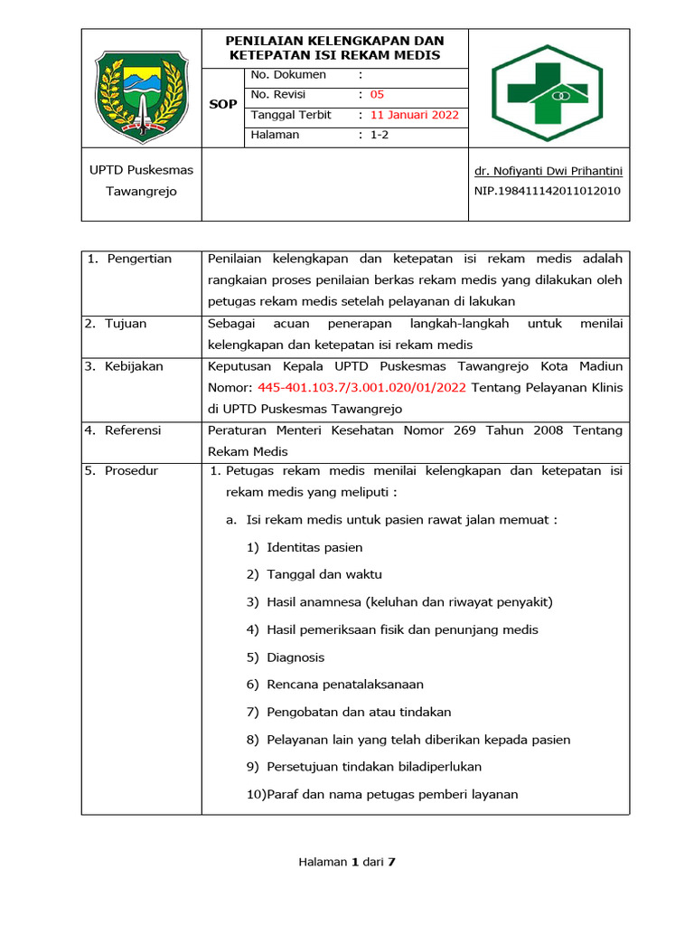 Sop - Penilaian - Kelengkapan - Dan - Ketepatan - Isi Rekam Medis 2023 ...
