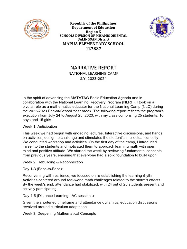 NLC Narrative Report | PDF | Learning | Distance Education