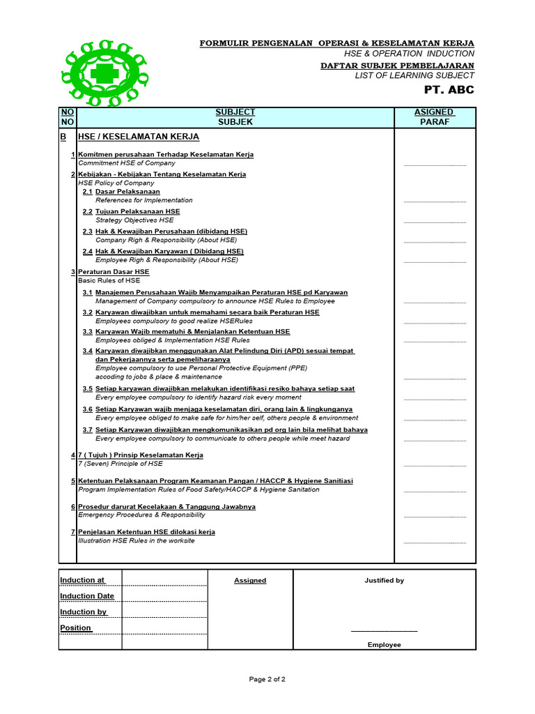 Form Safety Induction | PDF