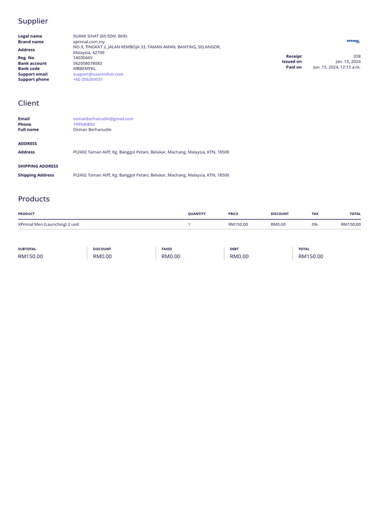 SUAMI SIHAT M SDN BHD - Receipt 358 - 60eea31310fa6 | PDF