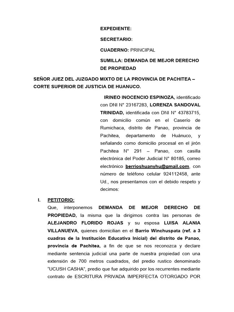 Demanda de Mejor Derecho de Propiedad | PDF | Fiscal | Demanda judicial