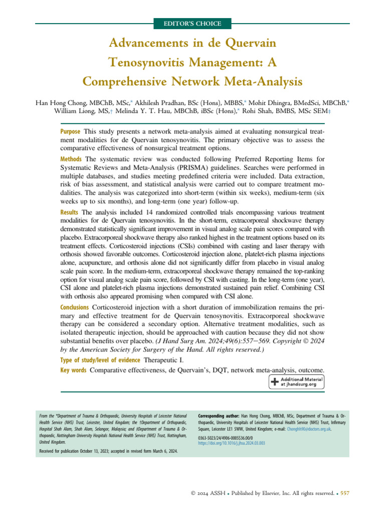 Advancements in de Quervain Tenosynovitis Management A Comprehensive Network Meta-Analysis ...