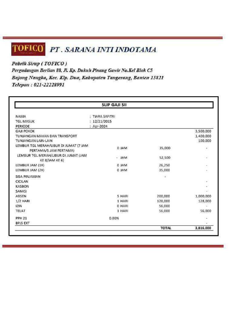Slip Gaji Tiara Safitri PT Sarana Inti Indotama Mei 2024 | PDF