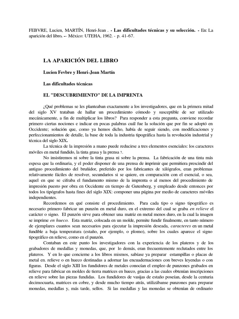 FEBVRE-MARTIN. La Aparicion Del Libro. p192 | PDF | Imprenta | Johannes ...