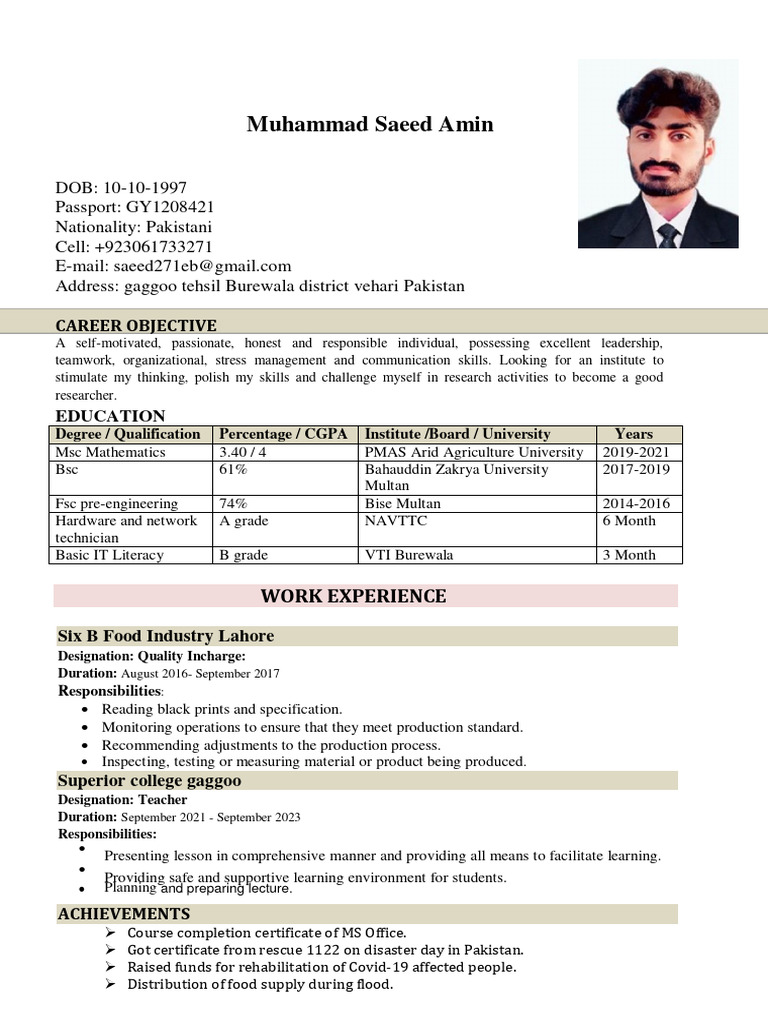 M_SAEED_AMIN_-CV | Download Free PDF | Pakistan | Learning