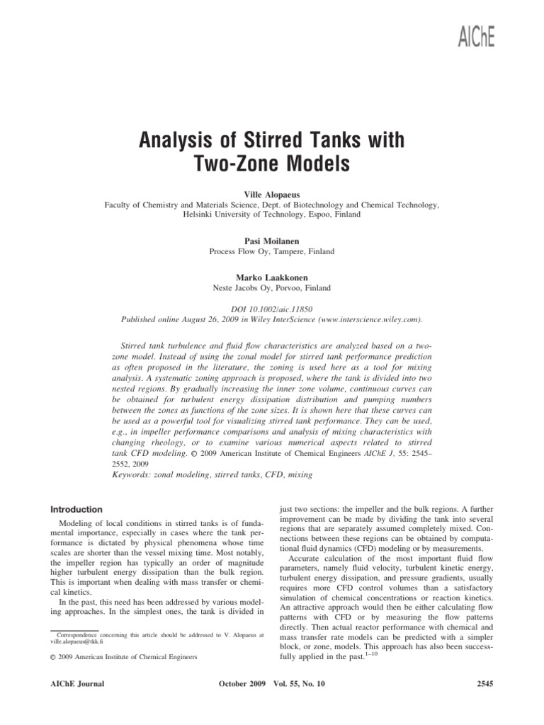 AIChE Journal - 2009 - Alopaeus - Analysis of Stirred Tanks With Two Zone Models | PDF ...