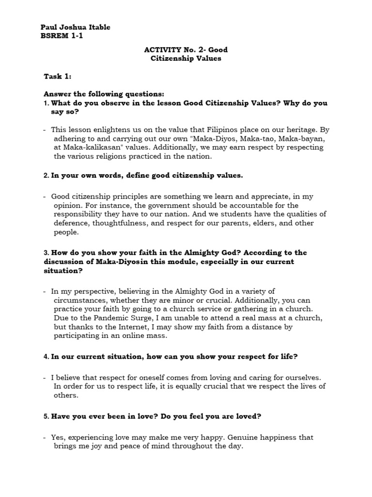 Itable - ACTIVITY #2 Module 2 (Good Citizenship) | PDF | Faith | Love