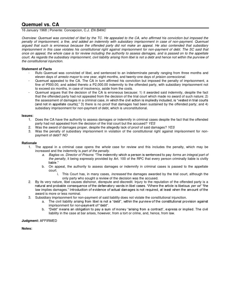 Quemuel vs. CA (Digest) | PDF | Defamation | Crime & Violence