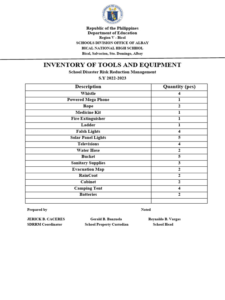 Inventory of Tools and Equipment - 020508 | PDF
