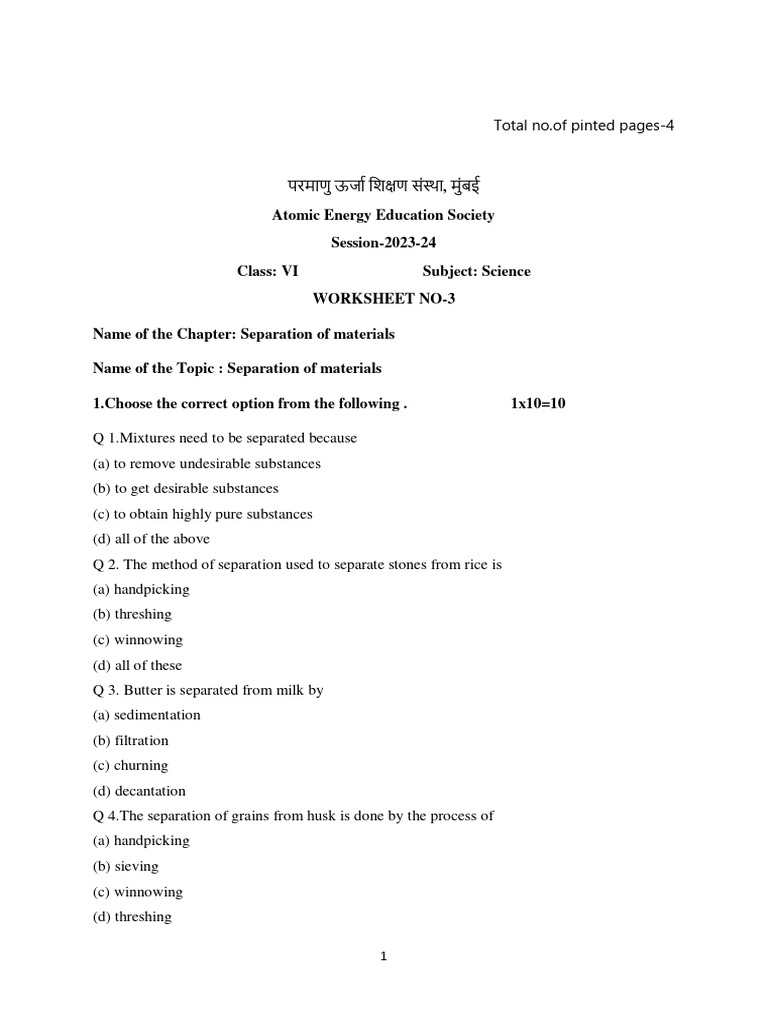 Class 6 Lesson 3 Science Worksheet AECS2 MUMBAI | PDF | Filtration ...