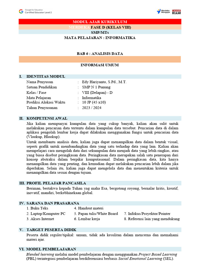 Modul Ajar Informatika Fase D Kelas 8 Bab 6 - Siap Cetak | PDF