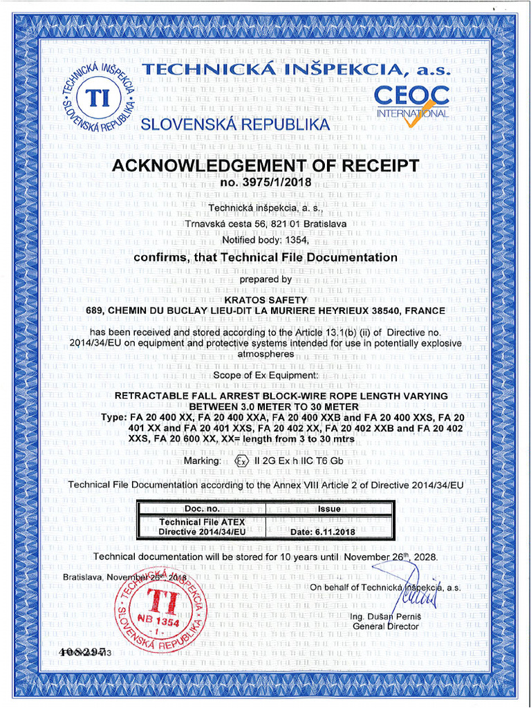 ATEX Certificate 3975 KRATOS SAFETY Wire Rope Retractable Fall ...