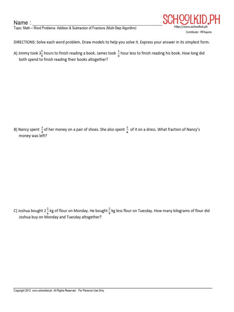 Name:: Topic: Math - Word Problems: Addition & Subtraction of Fractions ...