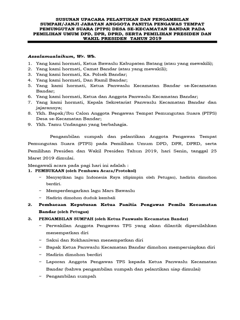 Susunan Acara Pengambilan Sumpah Panwas | PDF