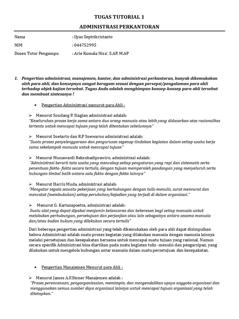 TUGAS TUTORIAL 1 - Administrasi Perkantoran - Ilyas Septrikristanto | PDF | Sains & Matematika