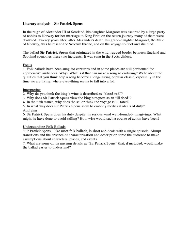 Analysis of Sir Patrick Spens Ballad | PDF