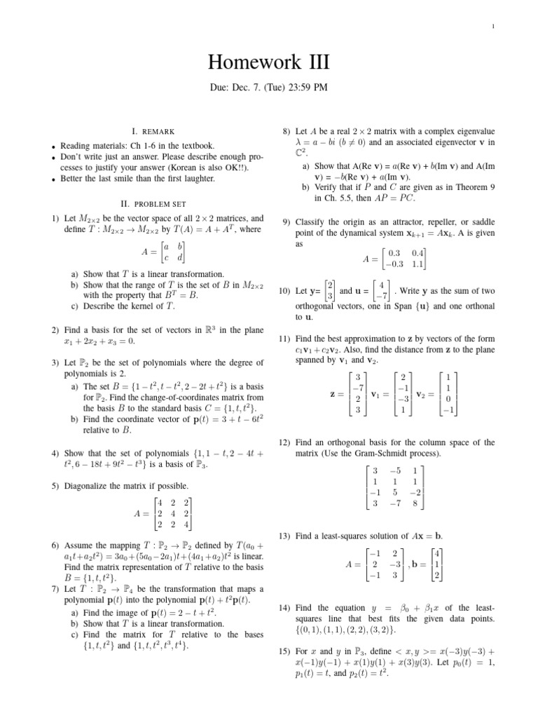 Homework 3 | PDF | Basis (Linear Algebra) | Eigenvalues And Eigenvectors