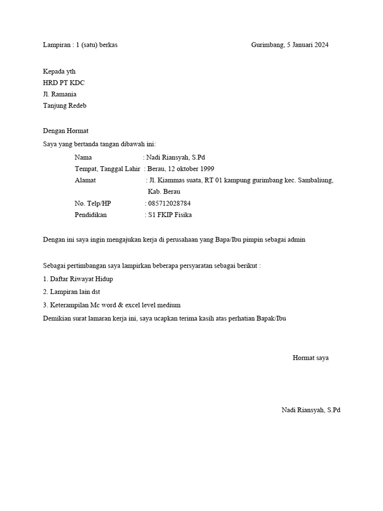 Berkas Lamaran PT. KDC | PDF