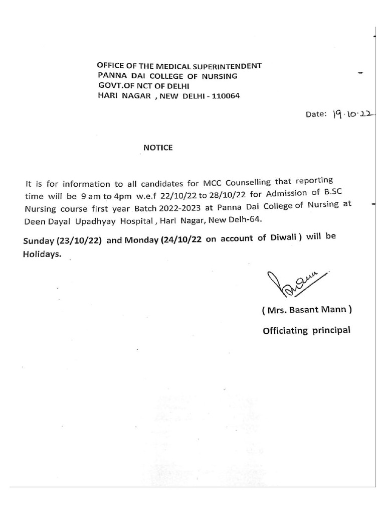 MCC Counseling Notice Bsc. Nursing Course 1st Year 2022-2023 | PDF